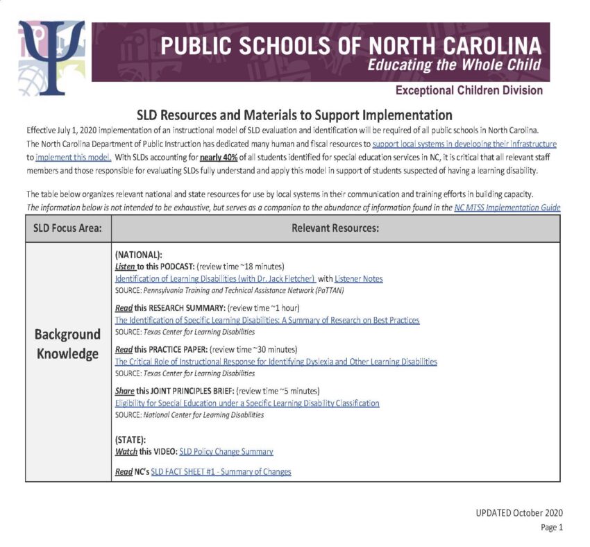 Specific Learning Disability – Psychological Services in NC Public Schools