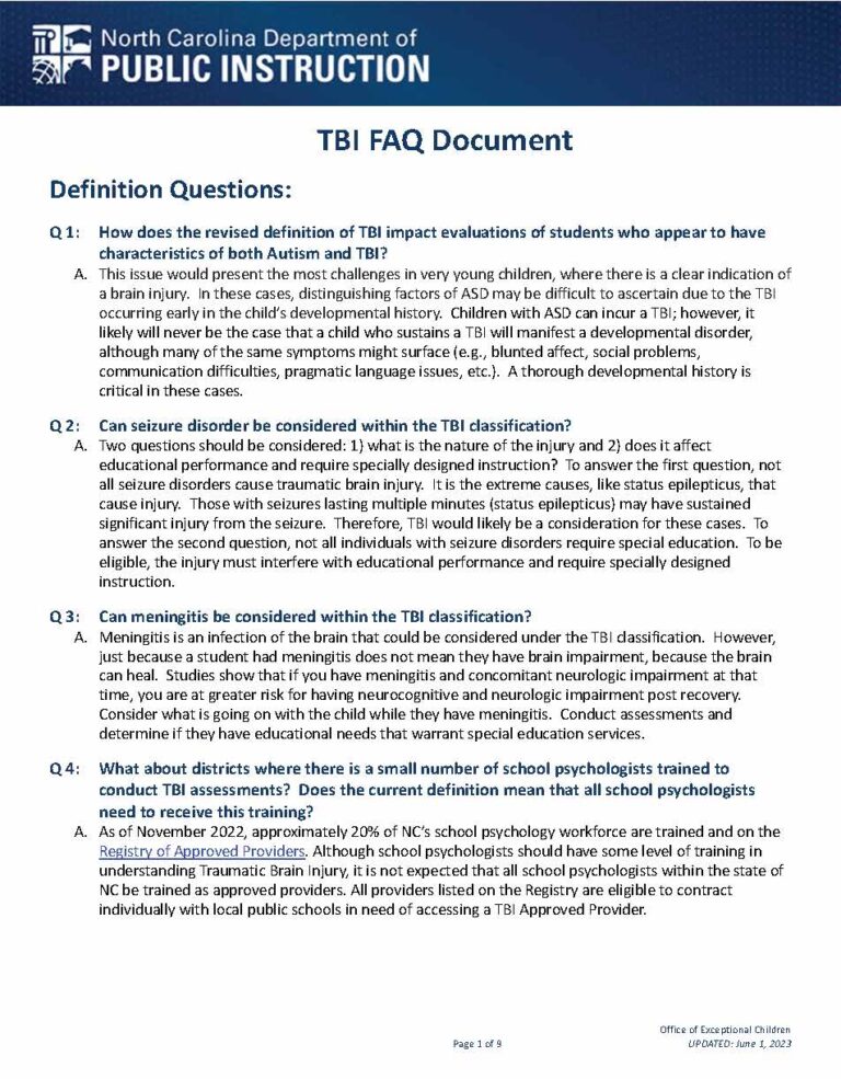 Traumatic Brain Injury – Psychological Services in NC Public Schools